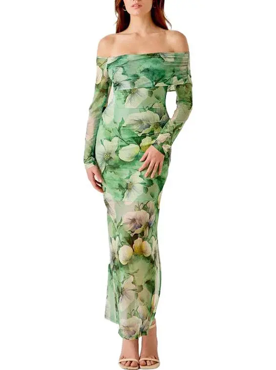 MARSY Long Sleeve Floral Mesh Off-the-shoulder Maxi Dress - Green Multi