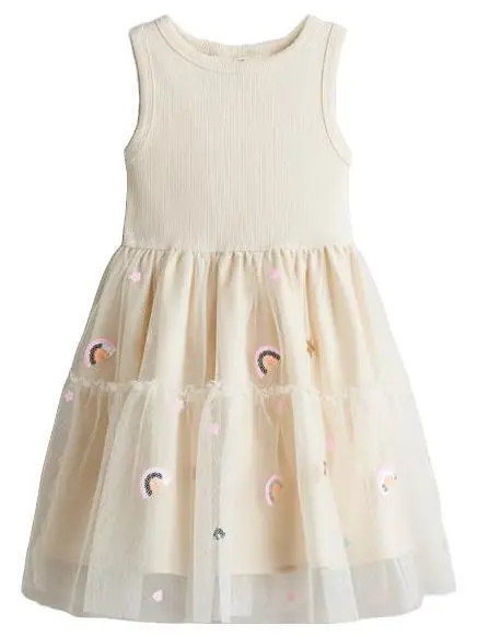 H&m Sleeveless Dress With Tulle Skirt - Cream/rainbows