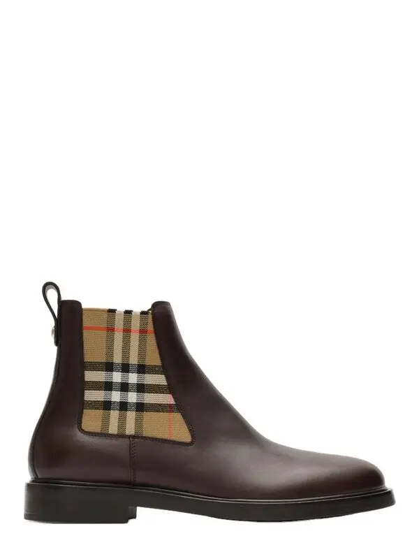Burberry Leather Chelsea Boots With Checked Panels - Moorhen Brown