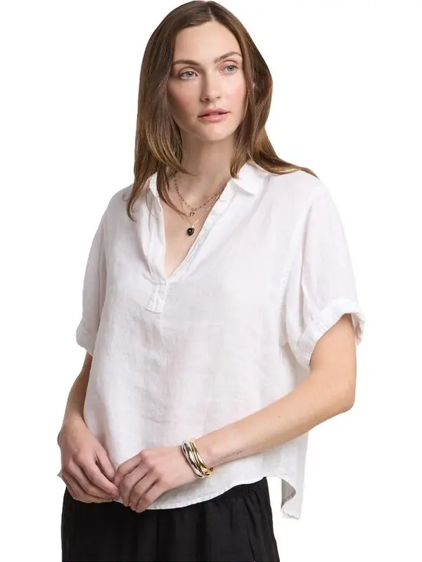 Velvet By Graham & Spencer Linen Shirred Detail Top - White