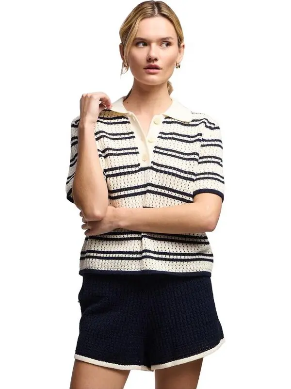 Velvet By Graham & Spencer Lumae Striped Cotton Knit Polo Sweater - Navy