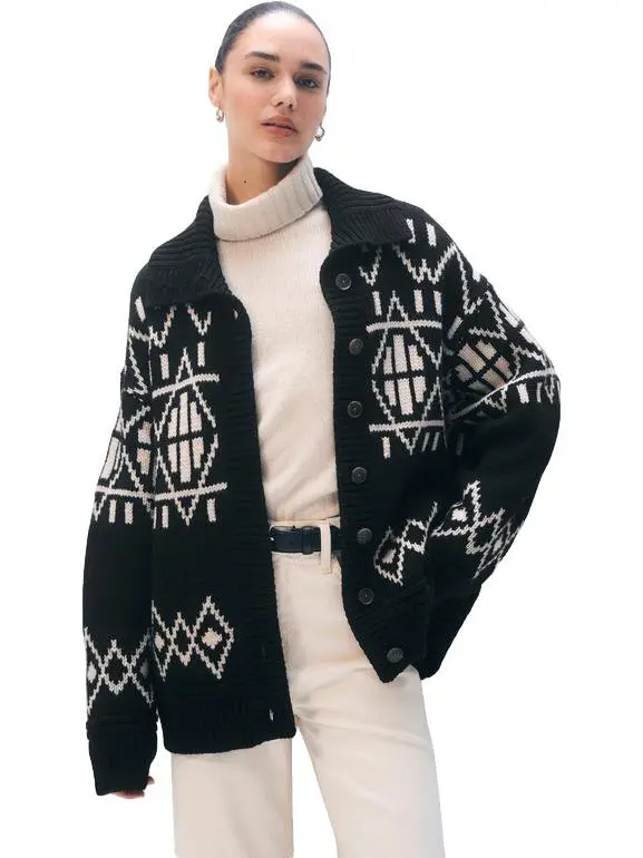 WHITE & WARREN Merino Fair Isle Jacket - Black