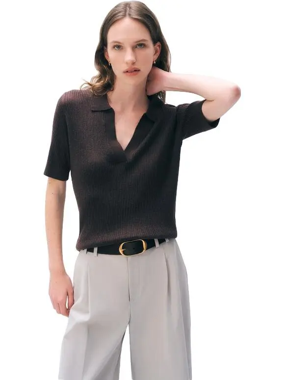 WHITE & WARREN Cashmere Linen Pointelle Polo - Natural