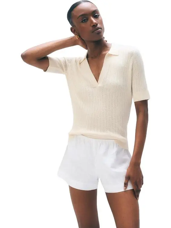 WHITE & WARREN Cashmere Linen Pointelle Polo - Natural