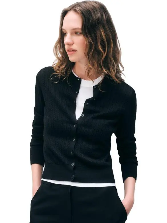 WHITE & WARREN Cashmere Linen Fine Cable Cardigan - Black