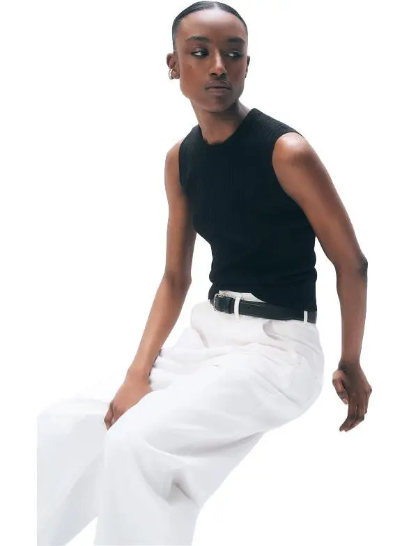 WHITE & WARREN Cashmere Linen Fine Cable Shell Tank - Black