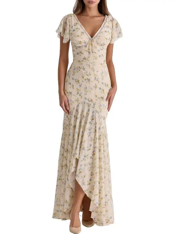 House Of Cb Amina Floral Georgette High-low Cocktail Dress - Lemon Floral