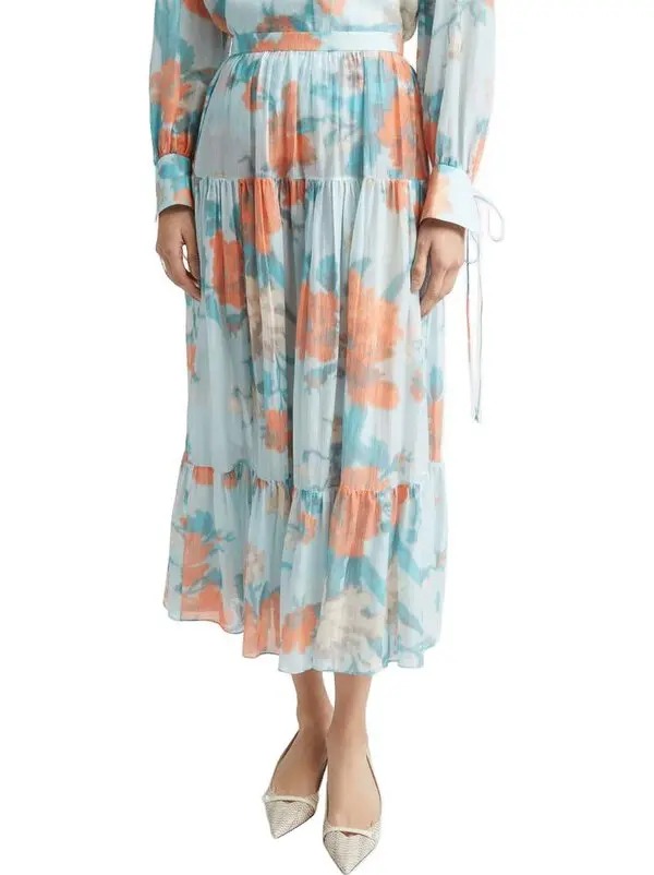 Erdem Floral Print Tiered Cotton & Silk Voile Midi Skirt - Trailing Poppy Dream Blue