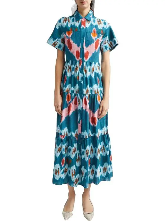 Erdem Tiered Ikat Print Cotton Sateen Midi Shirtdress - Ikat Azure Blue