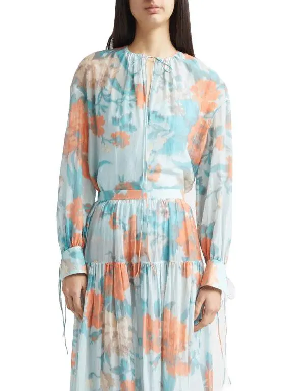 Erdem Floral Print Cotton And Silk Voile Top - Trailing Poppy Dream Blue