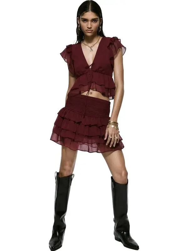 H&m Tiered Chiffon Mini Skirt - Burgundy