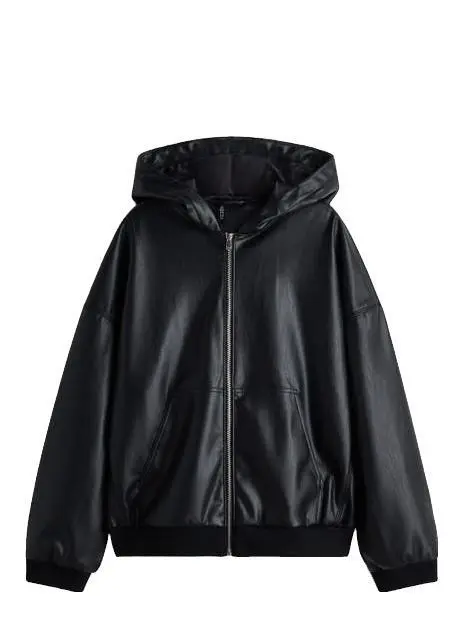 H&m Oversized Coated Hooded Jacket With Zip Closure - Black