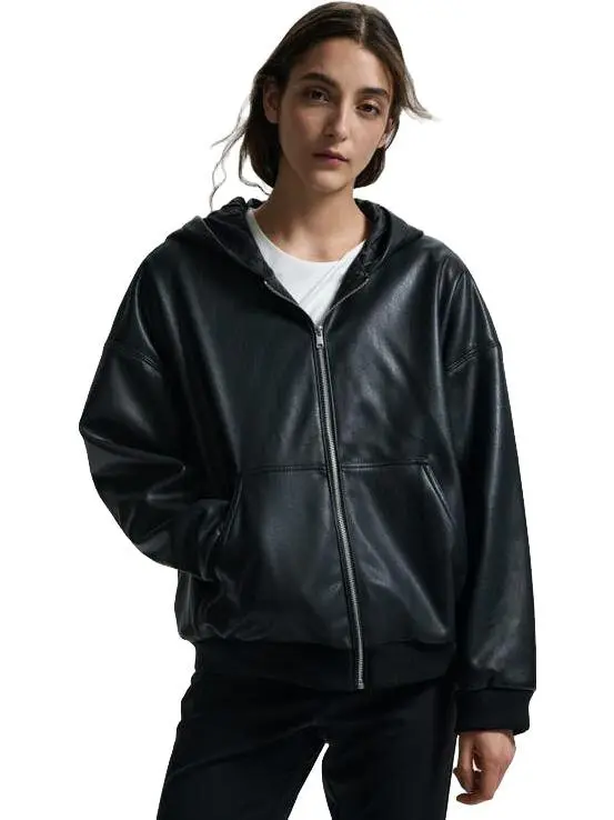 H&M Oversized Coated Hooded Jacket With Zip Closure - Black