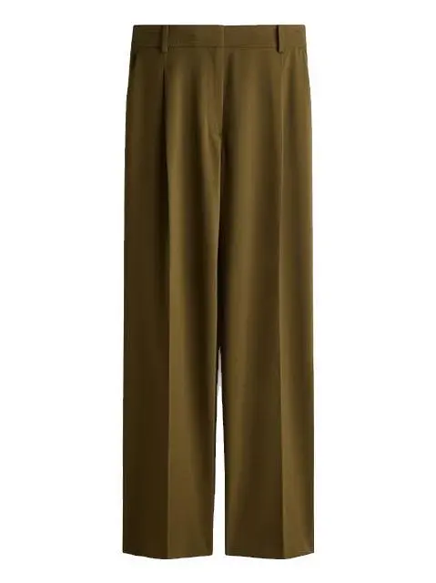H&m Wide Leg Pleated Trousers - Dark Khaki Green