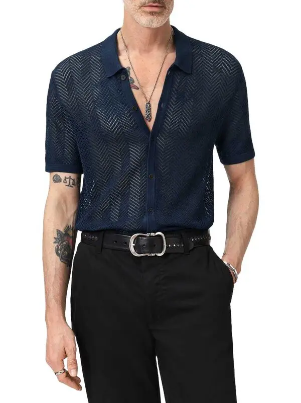 John Varvatos Herringbone Open Stitch Collared Sweater - Deep Blue