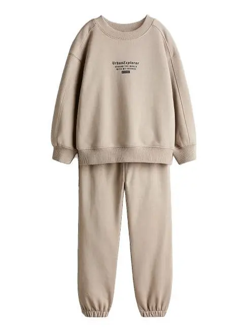 H&m Motif Detail Sweatshirt Set - Beige