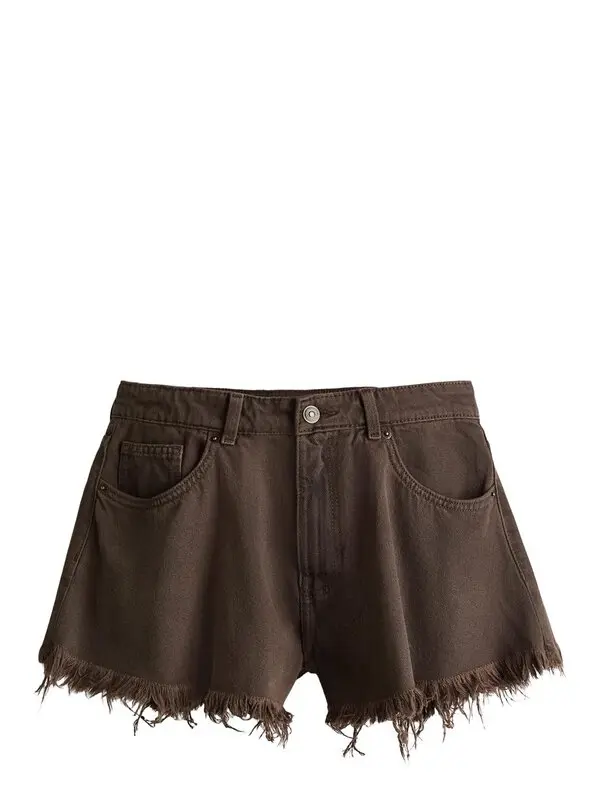 H&m High Waisted Frayed Denim Shorts - Brown