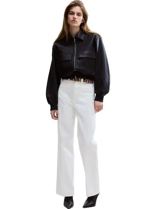 H&m Straight Leg High Waist Jeans With Textured Belt - White/leopard Print