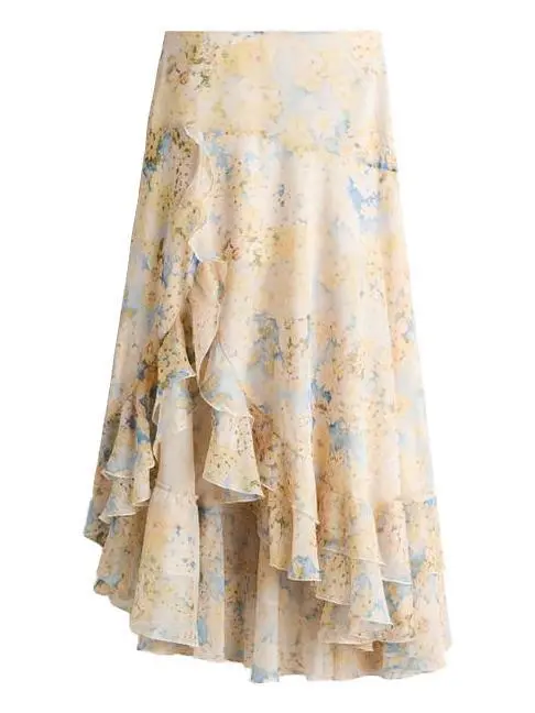 H&m Flounce-trimmed Maxi Skirt - Light Yellow/floral