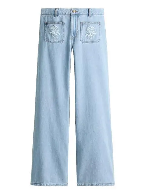 H&m Wide Leg Embroidered Jeans - Light Denim Blue