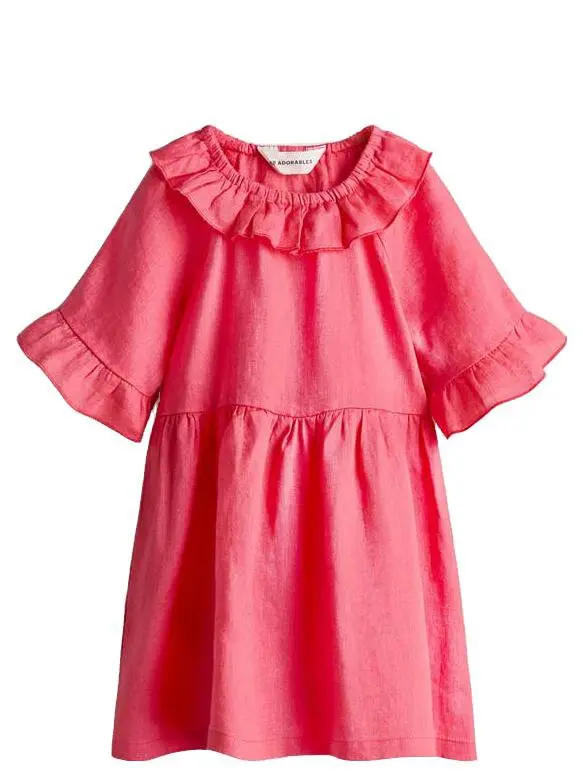 H&m Linen Frill-collar Dress - Coral Red
