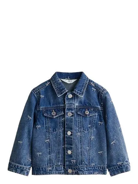 H&m Embroidered Denim Jacket With Classic Collar - Denim Blue/bows