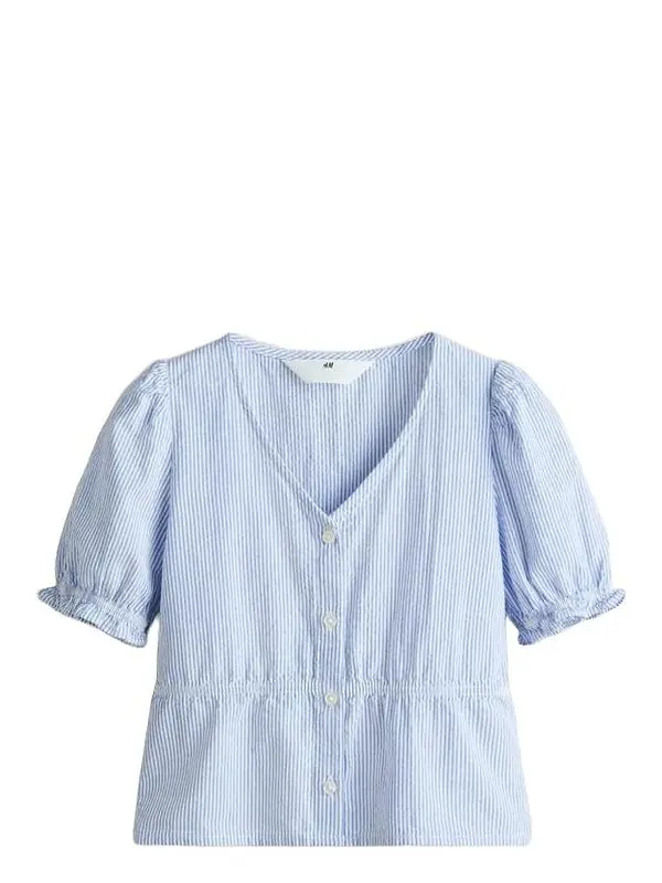 H&m Puff-sleeved Cotton Seersucker Blouse With V-neck - Light Blue/striped