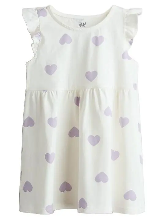 H&m Printed Cotton Dress - White/hearts