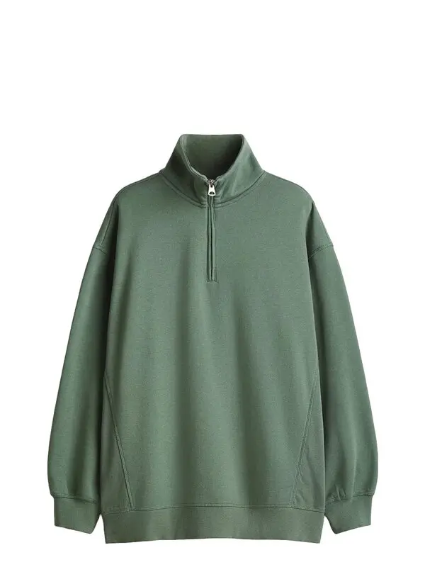 H&m Zip-top Oversized Sweatshirt With Stand Collar And Dropped Shoulders - Dusty Emerald Green