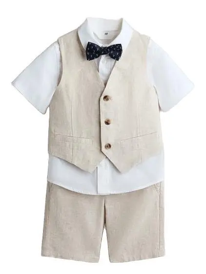 H&m 4-piece Dressy Set: Waistcoat, Shorts, Shirt, And Accessory - Light Beige/white