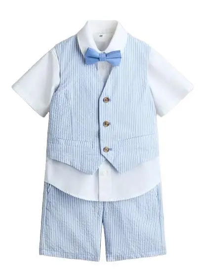 H&m 4-piece Dressy Set: Waistcoat, Shorts, Shirt, And Accessory - Light Blue/striped