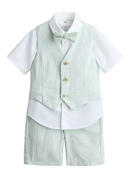 H&m 4-piece Dressy Set: Waistcoat, Shorts, Shirt, And Accessory - Light Green/striped