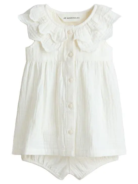 H&m Adorables Two-piece Printed Cotton Set With Dress And Bloomers - Cream