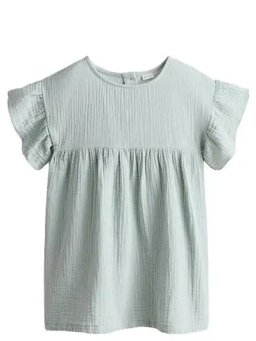 H&m Cotton Muslin Dress With Flutter Sleeves - Light Dusty Turquoise