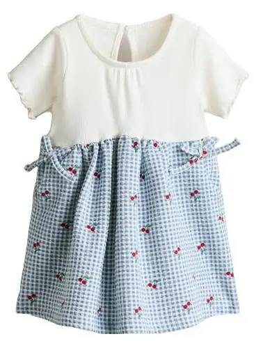H&m Textured Jersey Dress With Printed Skirt And Bow Accents - Light Blue/checked