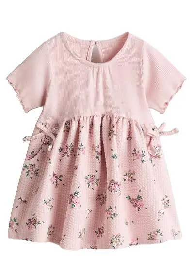 H&m Textured Jersey Dress With Printed Skirt And Bow Accents - Light Pink/floral