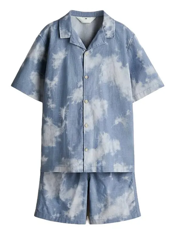 H&m 2-piece Poplin Set - Light Dusty Blue/marbled