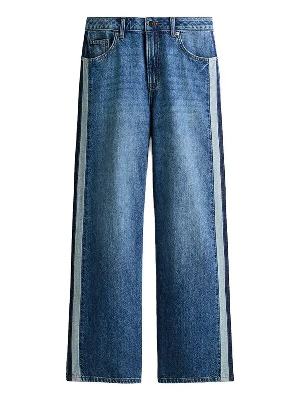 H&m Wide Leg Jeans With Side Stripes - Denim Blue/dark Blue