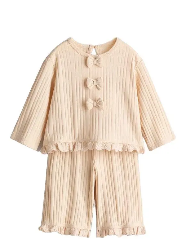 H&m Ribbed Knit Bow Detail Set - Light Beige
