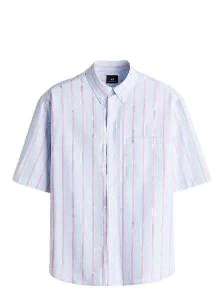 H&m Relaxed Fit Short-sleeved Oxford Shirt - Blue/striped