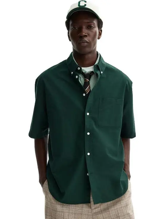 H&m Relaxed-fit Short-sleeved Oxford Shirt - Dark Green