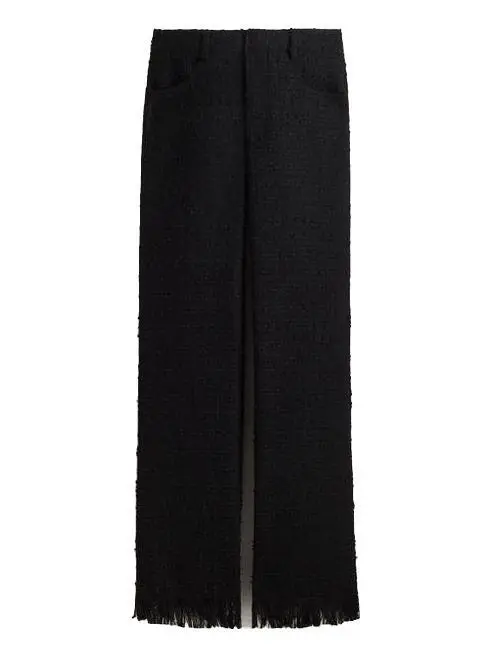 H&m Textured Wide-leg Trousers With Frayed Hem - Black