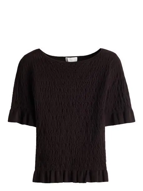 H&m Textured Knit Top With Frill Trim - Dark Brown