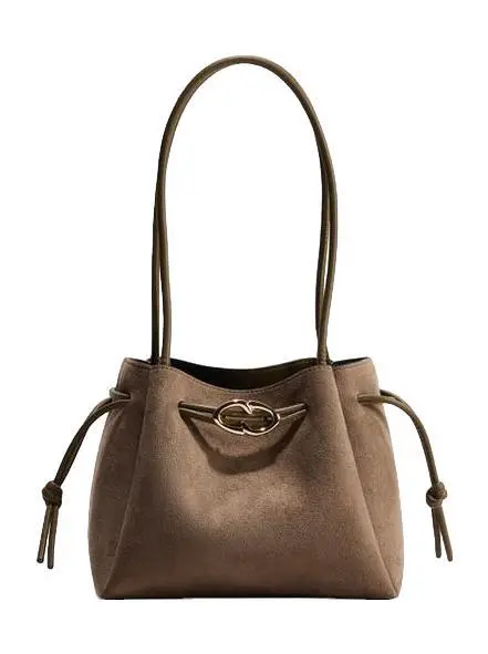 H&m Drawstring Detail Shoulder Bag With Croc Effect - Beige