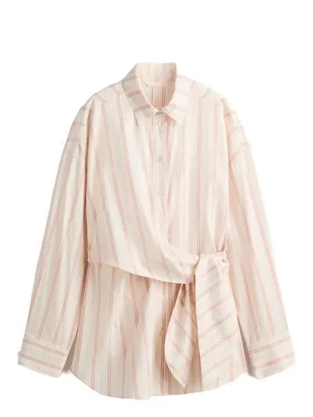 H&m Tie-detail Cotton Shirt - Light Beige/striped