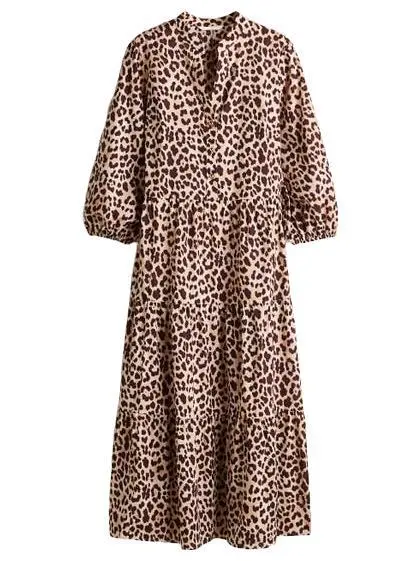 H&m Tiered Midi Dress With Balloon Sleeves And Leopard Print - Light Beige/leopard Print