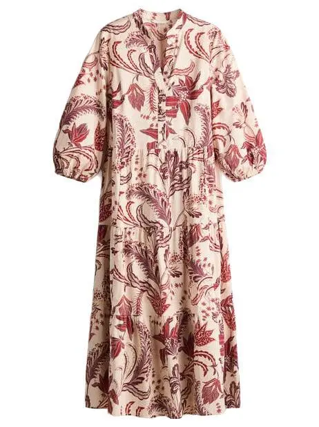 H&m Tiered Midi Dress With Balloon Sleeves And Leopard Print - Light Beige/patterned