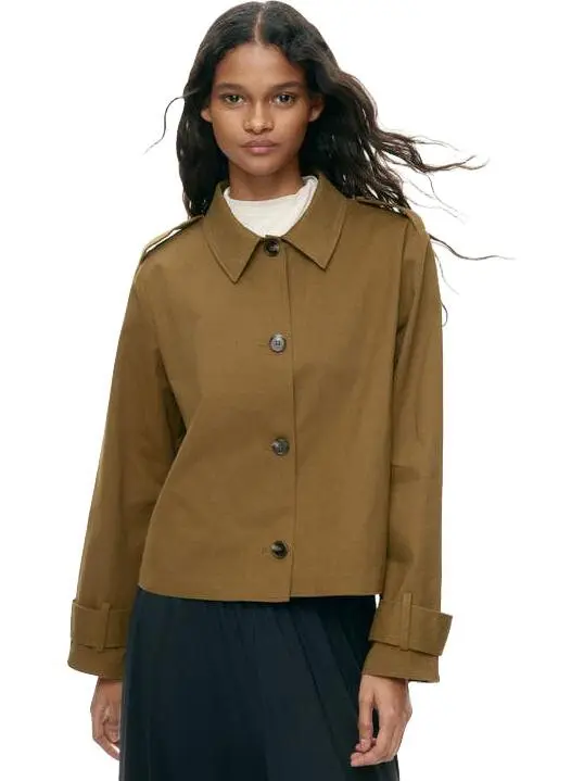 H&m Trench-look Cotton Jacket With Classic Collar - Dark Khaki Green