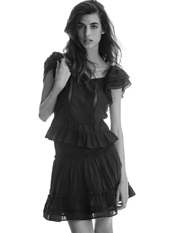 H&m Tiered Mini Skirt With Smocked Waist And Lace Trim - Black