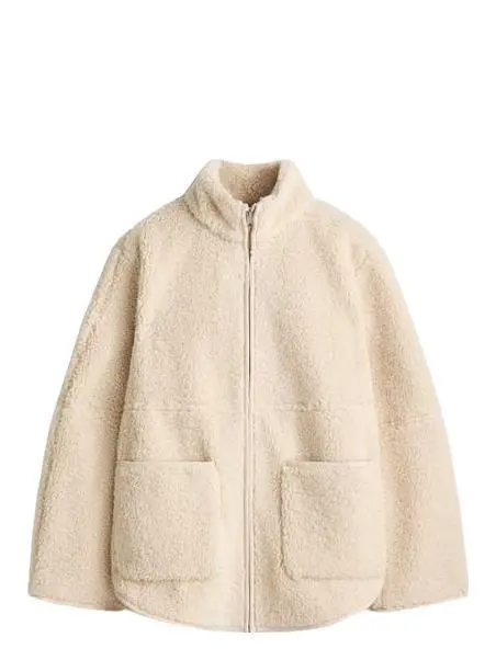 H&m Teddy Jacket With Funnel Collar And Zip Closure - Light Beige